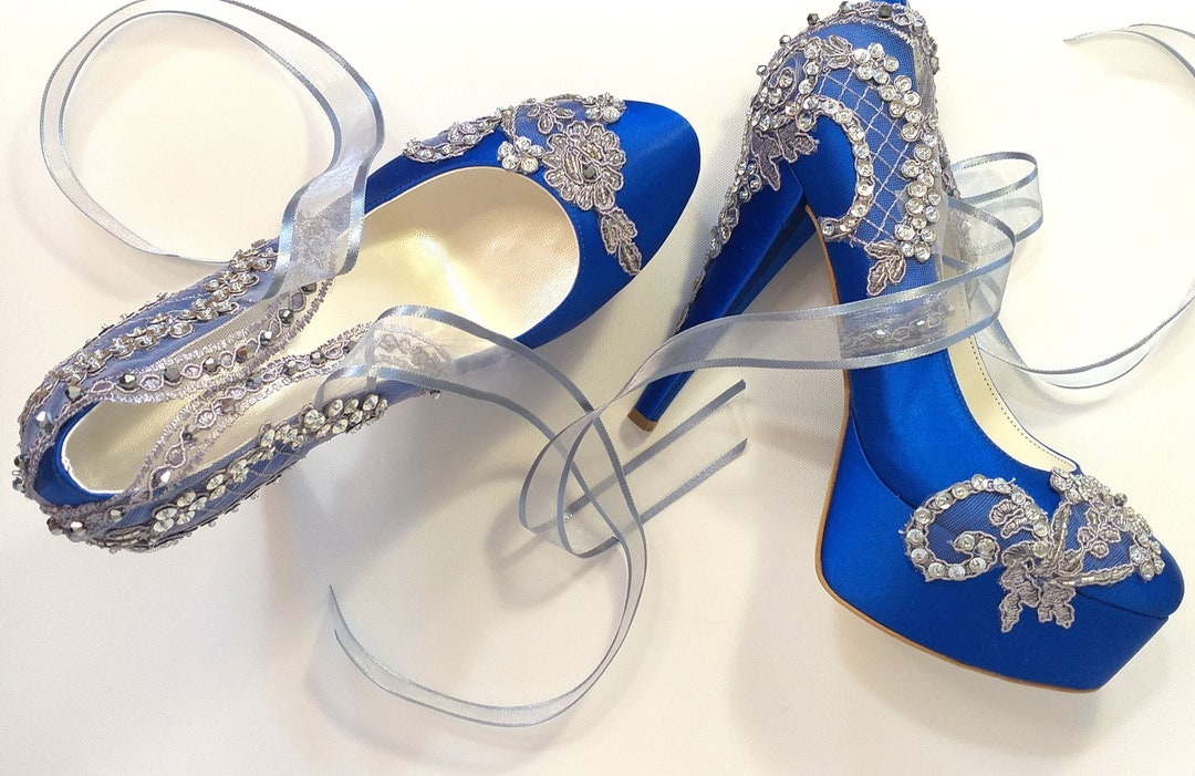 Blue Silver Halloween Wedding Shoes With Custom Painting on Soles - Etsy