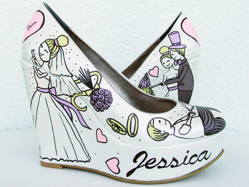 Custom Wedding Shoes for Bride, Hand Painted Wedges, Just Married - Etsy UK