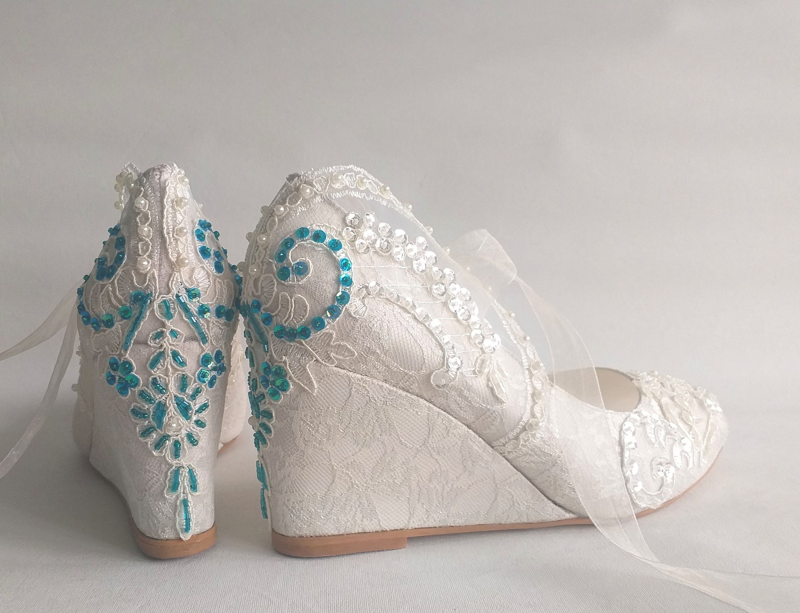 Lace Wedding Wedges With Teal Embellishment Pearls and - Etsy