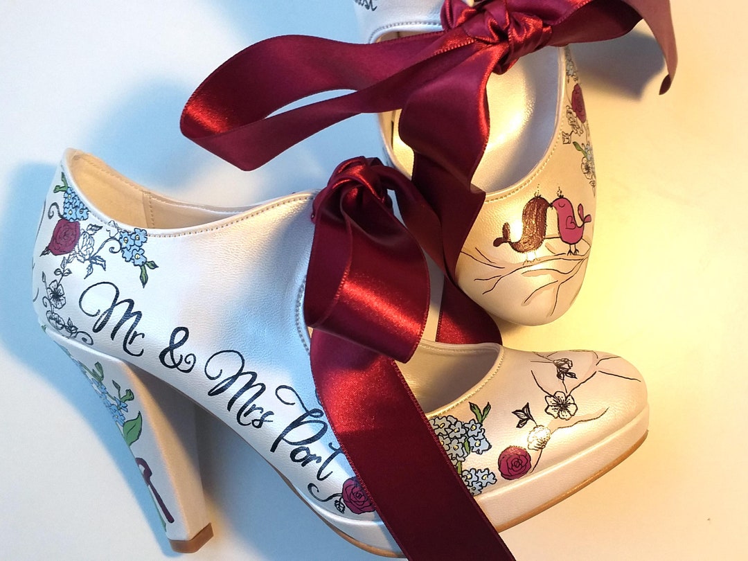 Custom Wedding Shoes With Burgundy Ribbons, Floral Bridal Shoes - Etsy