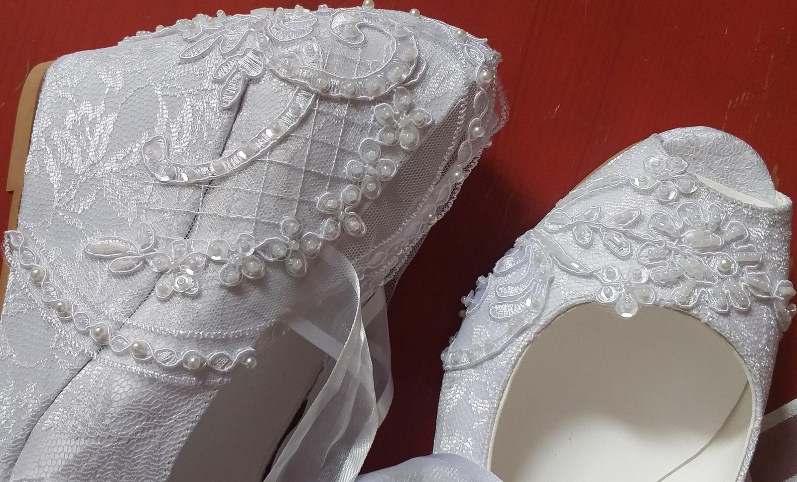 White Lace Wedding Wedges for Bride, Pearl and Sequin Embellished ...