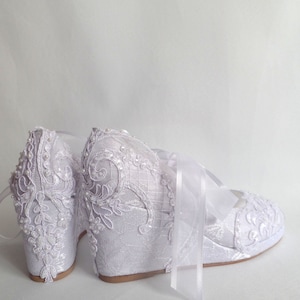 White Lace Wedding Wedges for Bride, Pearl and Sequin Embellished ...