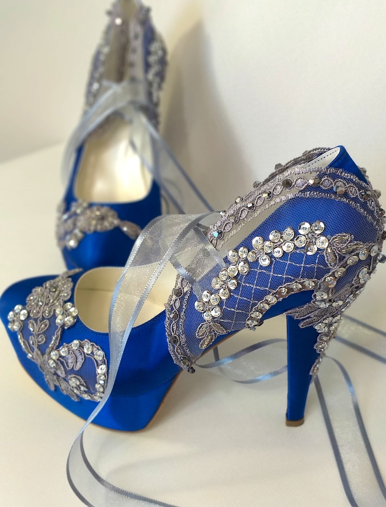 Blue Silver Halloween Wedding Shoes With Custom Painting on Soles - Etsy