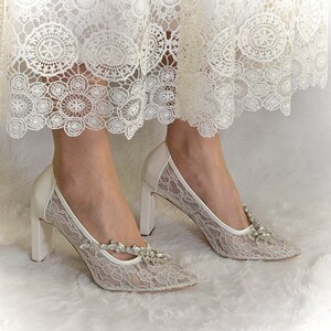 Lace Wedding Shoes for Bride With Rhinestones, Floral Tulle Bling ...