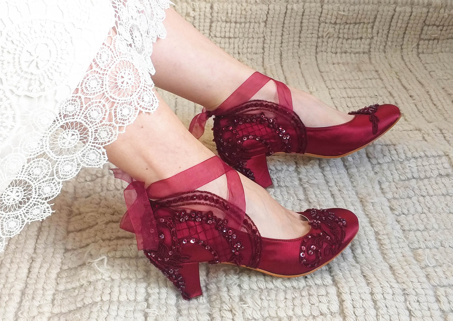 Burgundy Satin Wedding Shoes With Floral Lace Embellishment - Etsy