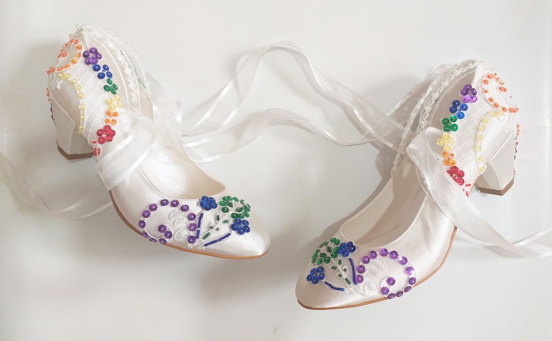 Rainbow Colored Embroidered Lace Wedding Shoes Low Heels With - Etsy