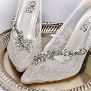 Lace Wedding Shoes for Bride With Rhinestones, Floral Tulle Bling ...