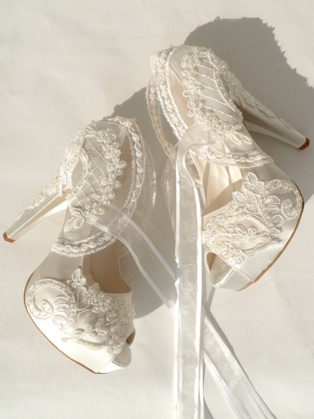 Ivory Satin Wedding Shoes for Bride With Floral Lace and Pearls - Etsy