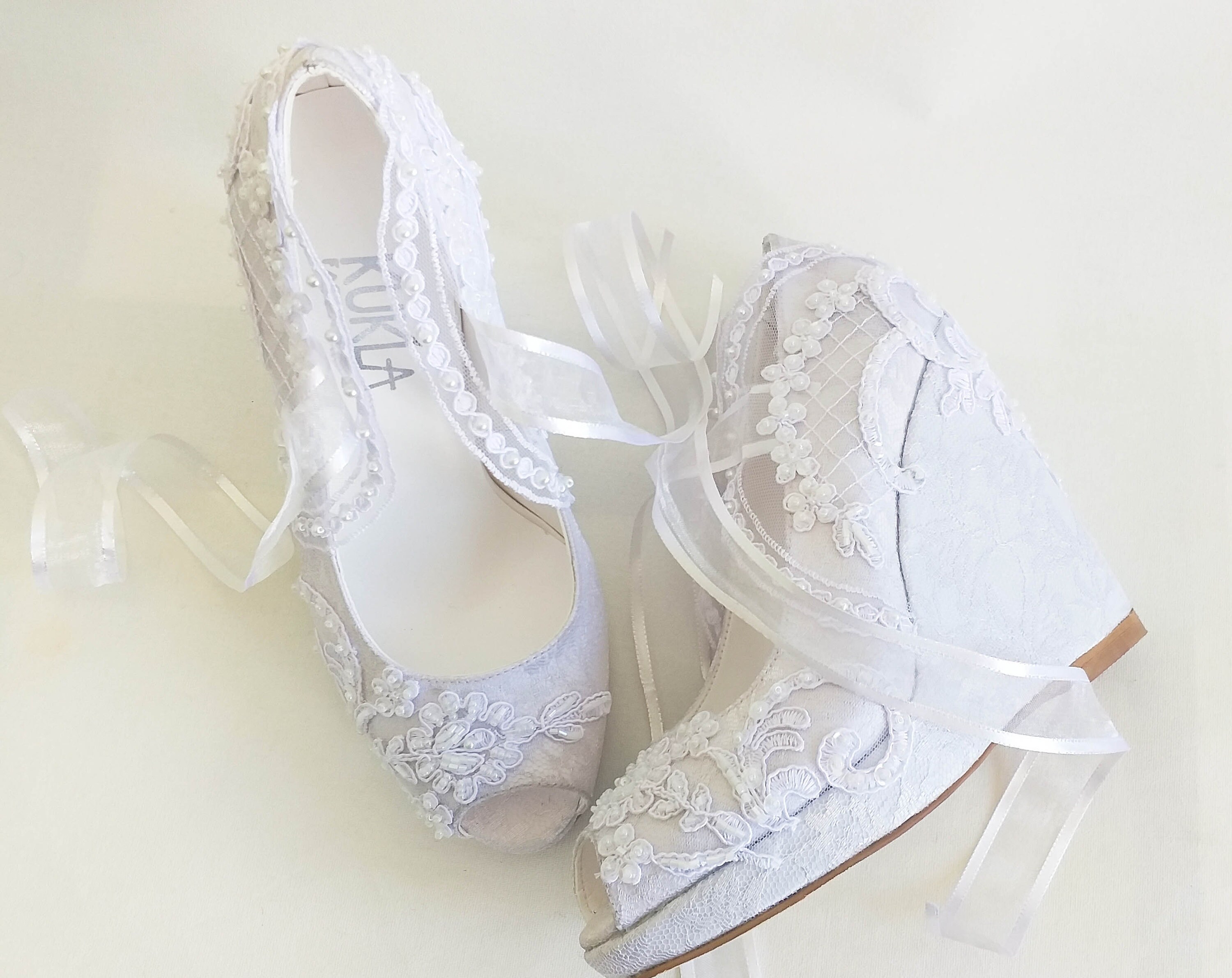 White Lace Wedding Wedges for Bride, Pearl and Sequin Embellished ...