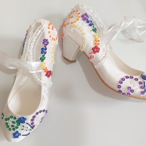 Rainbow Colored Embroidered Lace Wedding Shoes Low Heels With Low Heels ...