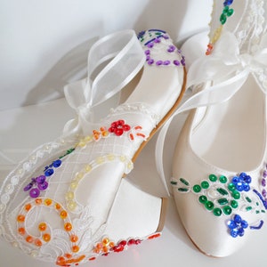 Rainbow Colored Embroidered Lace Wedding Shoes Low Heels With Low Heels ...