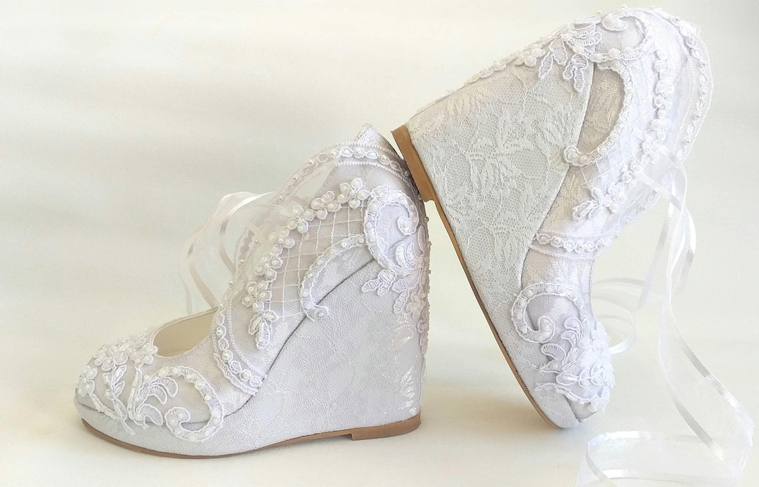 White Lace Wedding Wedges for Bride, Pearl and Sequin Embellished ...
