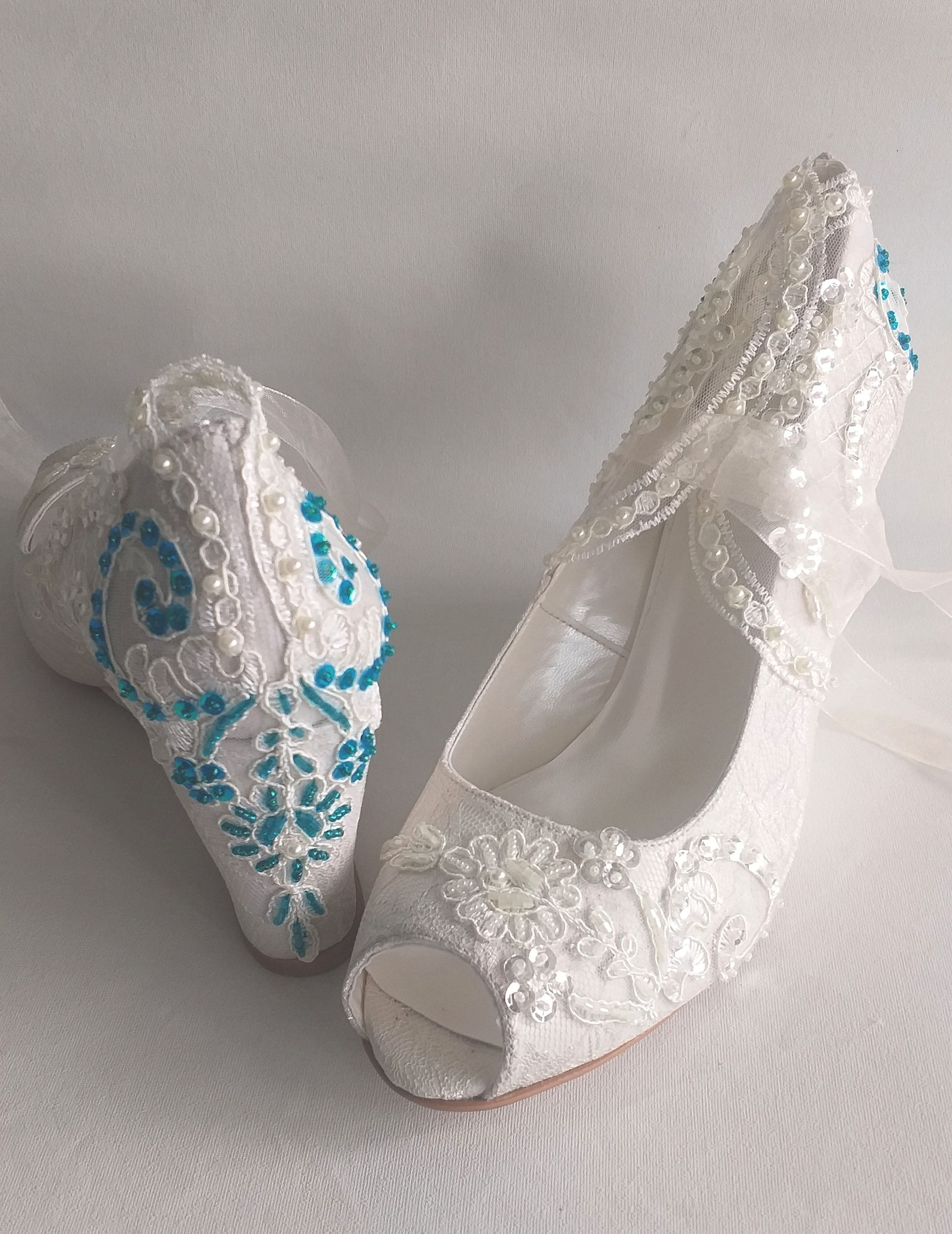 Lace Wedding Wedges With Teal Embellishment Pearls and - Etsy