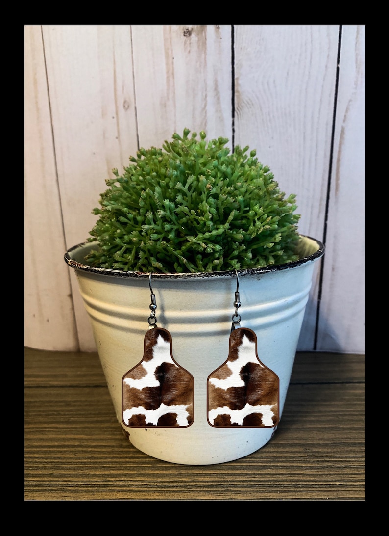 Cow Print Earrings Wood Earrings Cattle Tag Western - Etsy