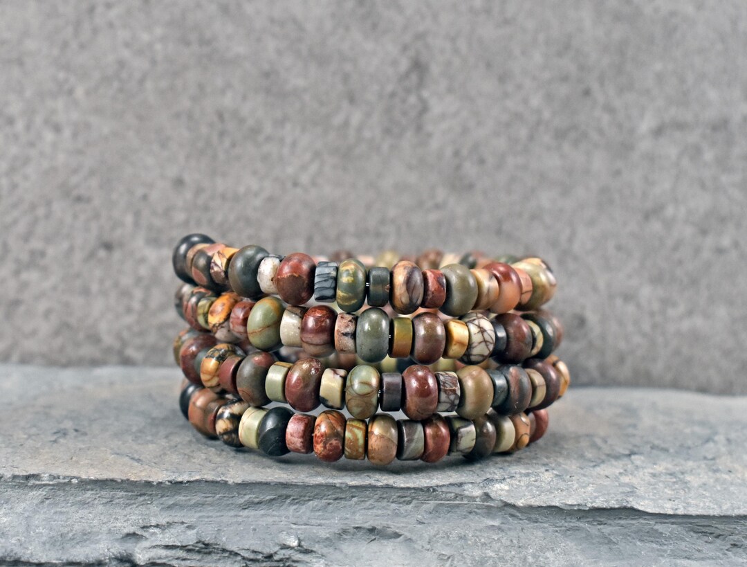 Natural Earthy Stone Memory Wire Coil Bracelet, Red Creek Jasper Wrap ...