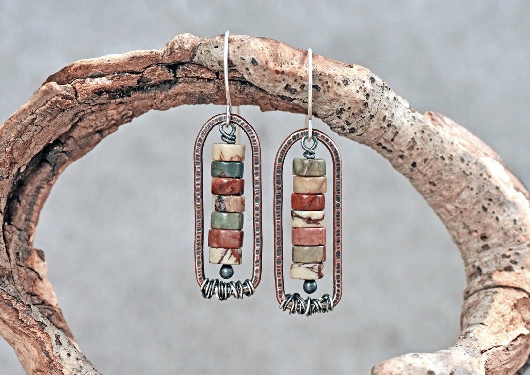 Red Creek Jasper Earrings Natural Earthy Stone Dangles Rustic Copper