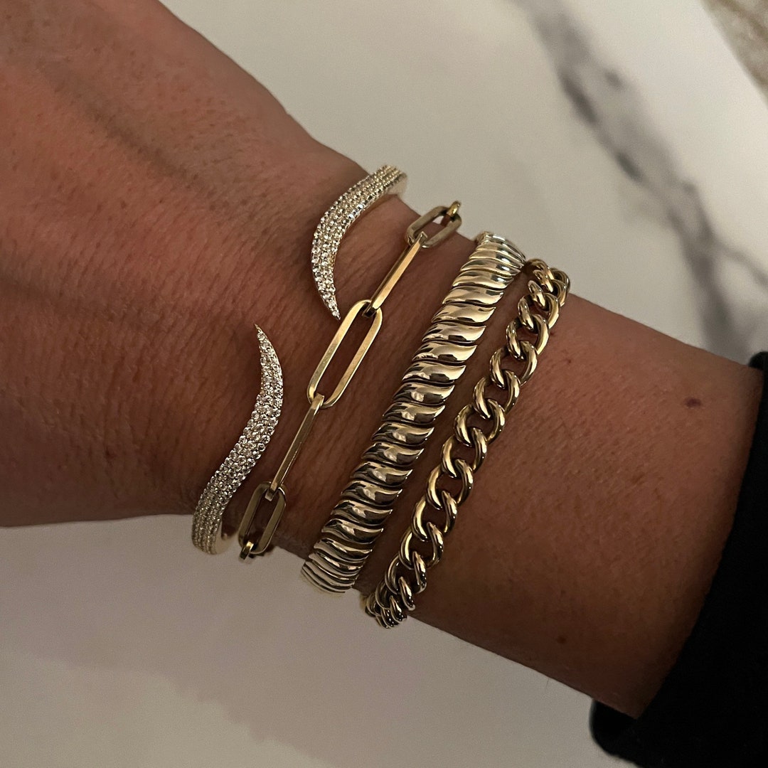 Gold Wave Cuff Bangle: CZ Pave, 14k Over Silver - Etsy