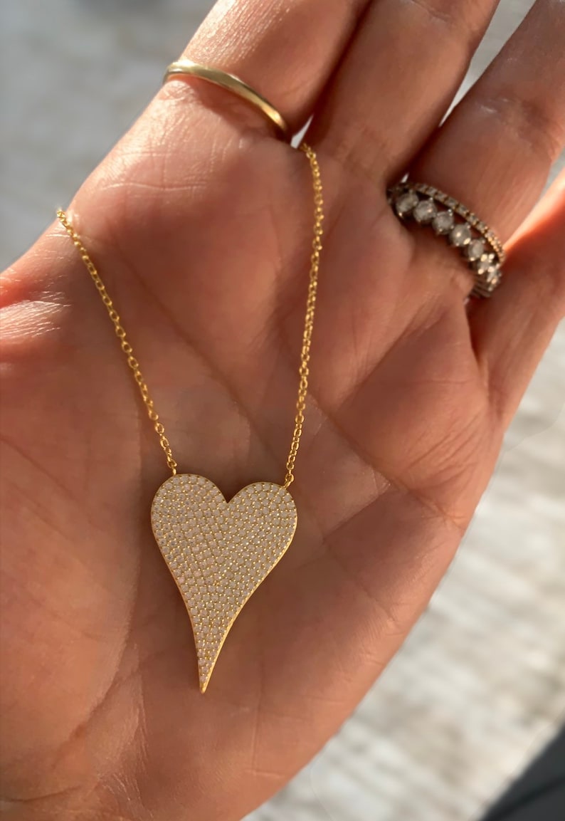 Pave Diamond Heart Necklace Elongated Heart Necklace - Etsy