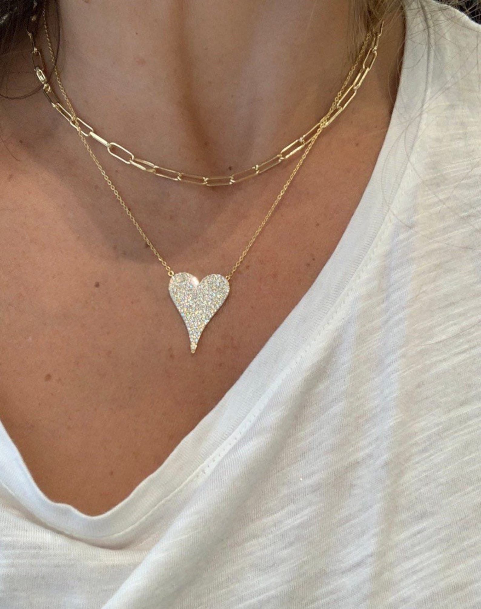 XL Pave Diamond Heart and Link Chain Combo Diamond Heart - Etsy