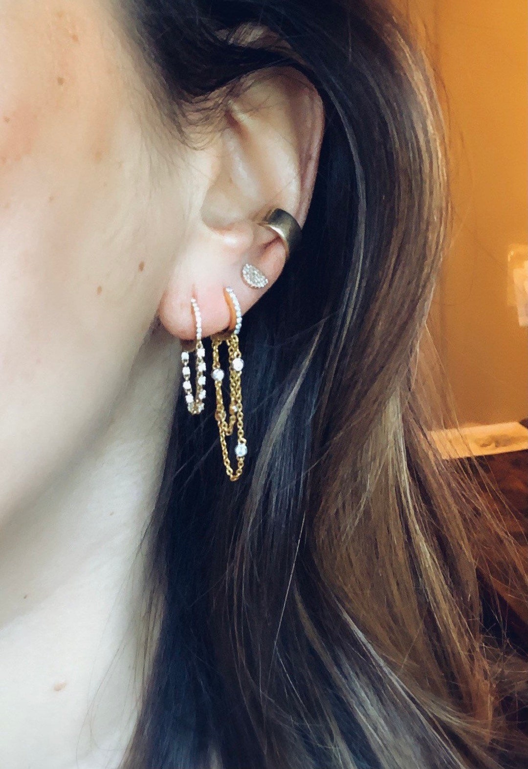 14k and Diamond Drop, Dripping Earring - Pierced Earring - Double ...