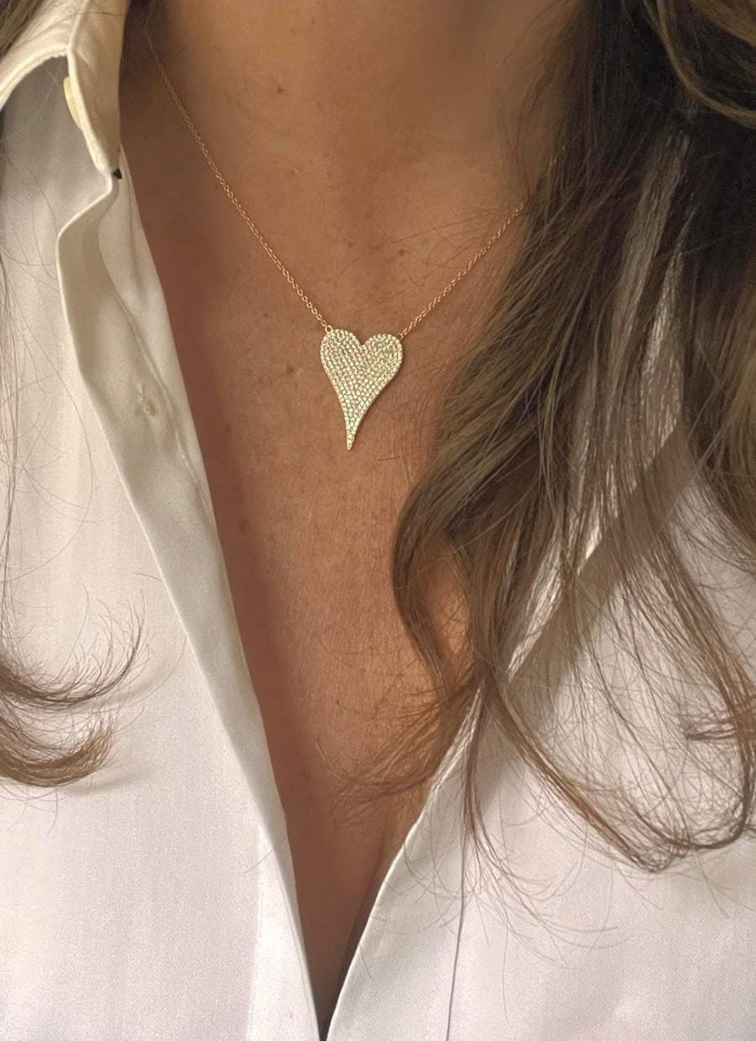 Pave Diamond Heart Necklace - Elongated Heart Necklace > 14k Gold ...