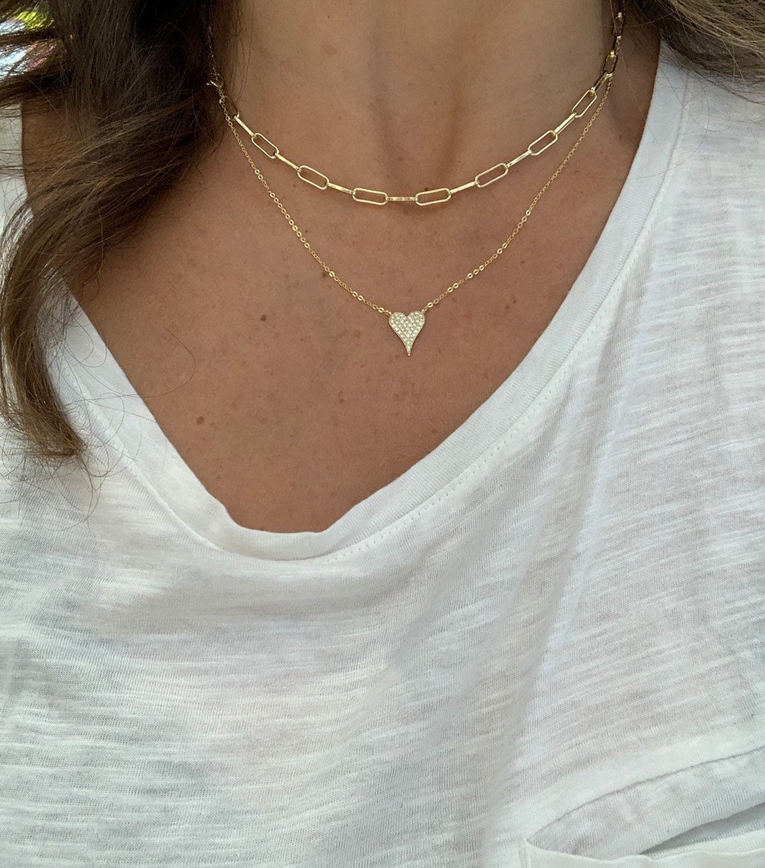 Chain and Heart • Pave Diamond Heart Small Size - 1cm - Necklace , W ...
