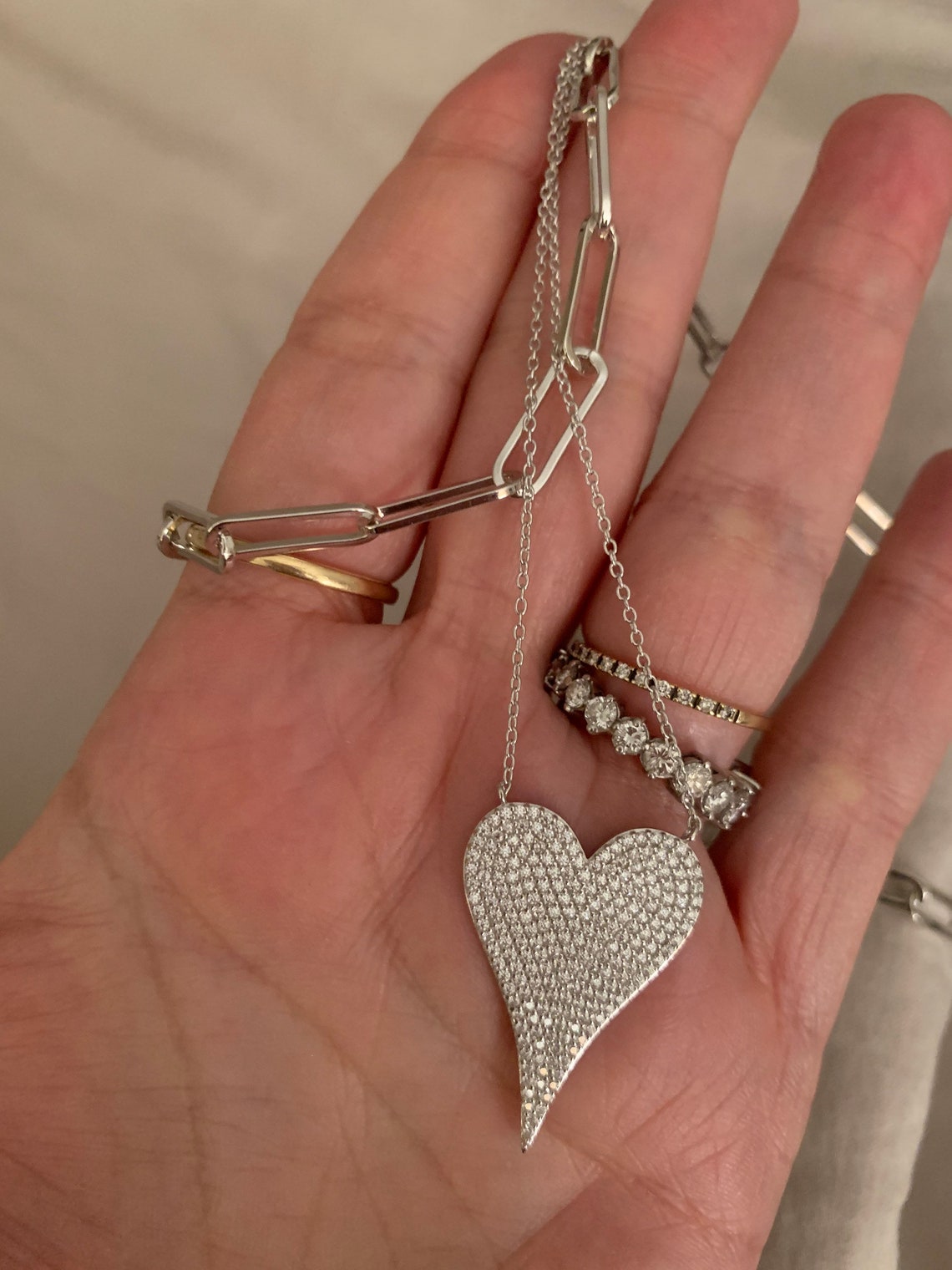 XL Pave Diamond Heart and Link Chain Combo Diamond Heart - Etsy