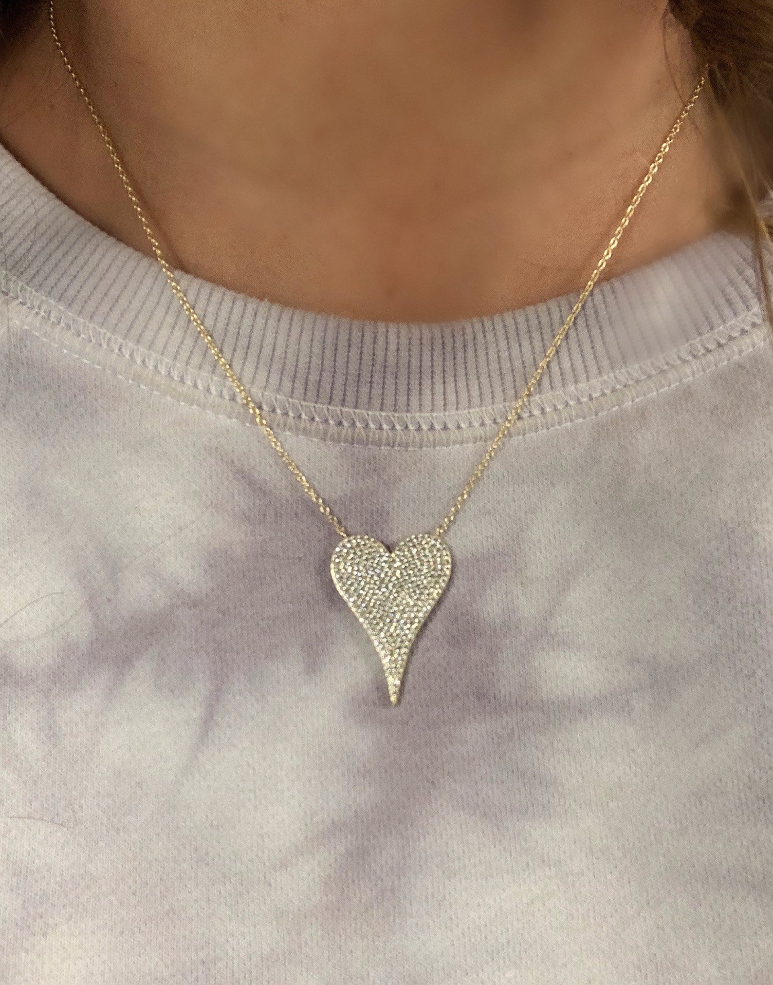 Pave Diamond Heart Necklace Elongated Heart Necklace 14k Gold diamond ...
