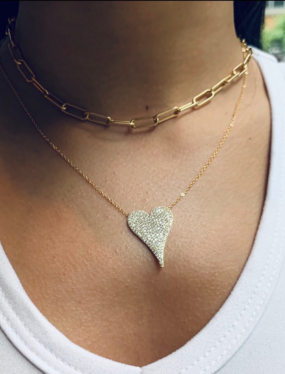 XL Pave Diamond Heart and Link Chain Combo Diamond Heart Necklace 14k ...