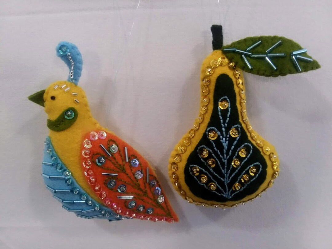 Handmade Felt Christmas Ornaments, Partridge and Pear, Beaded Sequined ...
