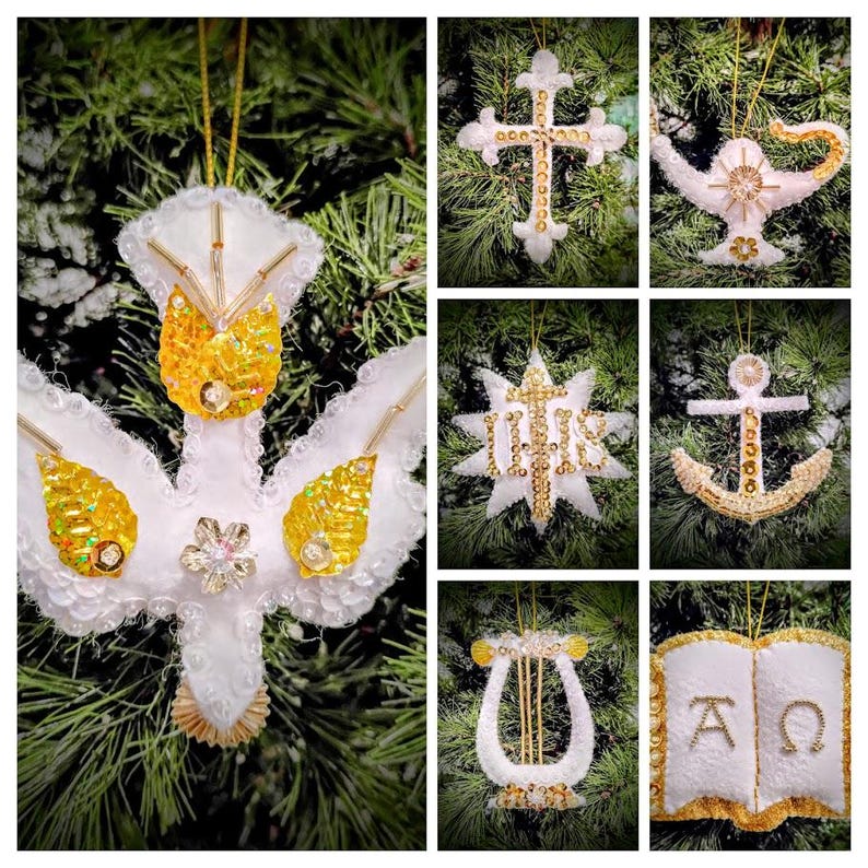 Handmade Chrismon Ornament Set: Felt, Beaded, Sequined, White & Gold ...