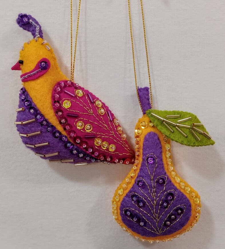 12 Days of Christmas Hand Made Felt Partridge and Pear Beaded Ornaments ...