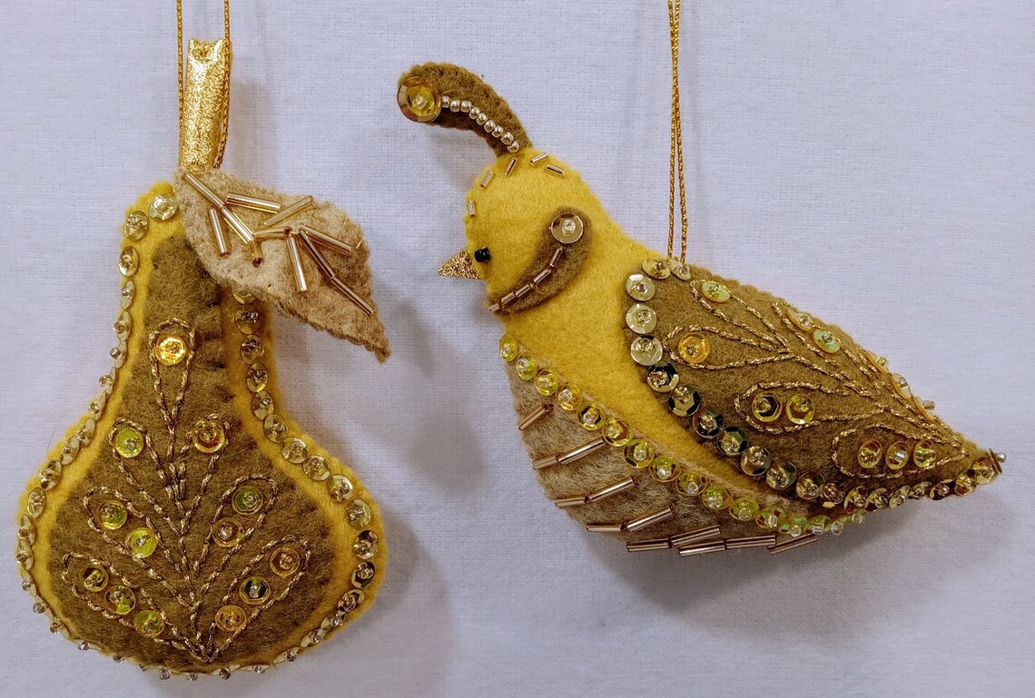 12 Days of Christmas Hand Made Felt Partridge and Pear Beaded Ornaments ...