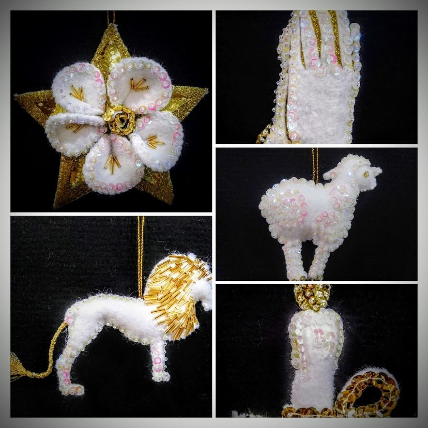 Made to Order Chrismon Christmas Ornaments Set of 5 Custom Felt Beaded Sequins White and Gold ...