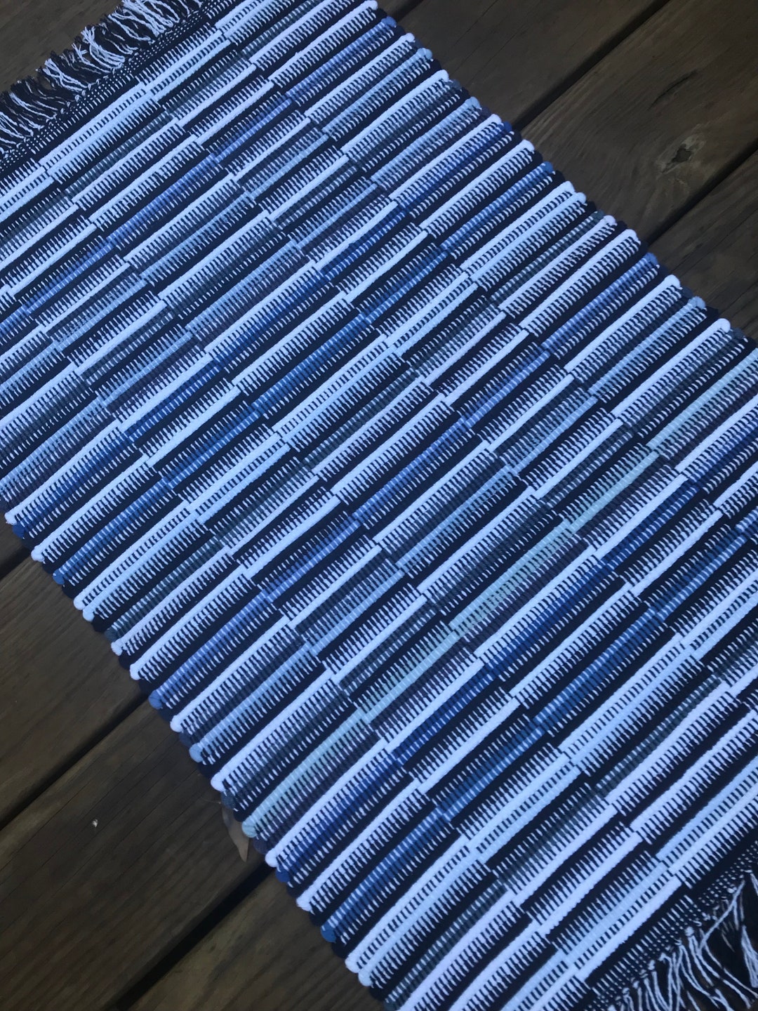 20 X 30 Navy With White and Gray Fair Trade Rag Rug Handwoven in ...