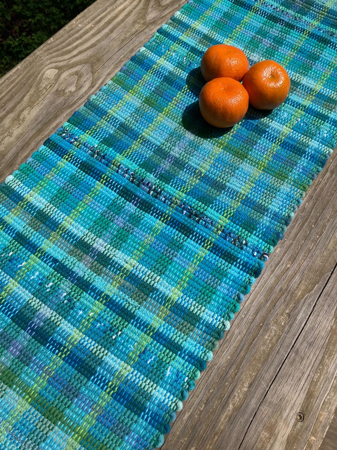 12” X 60” Table Runner Blue With Spring Green and Jade Handwoven ...