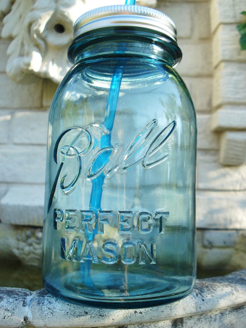 Vintage Blue Mason Jar With BPA Free Straw LARGE Blue Mason - Etsy
