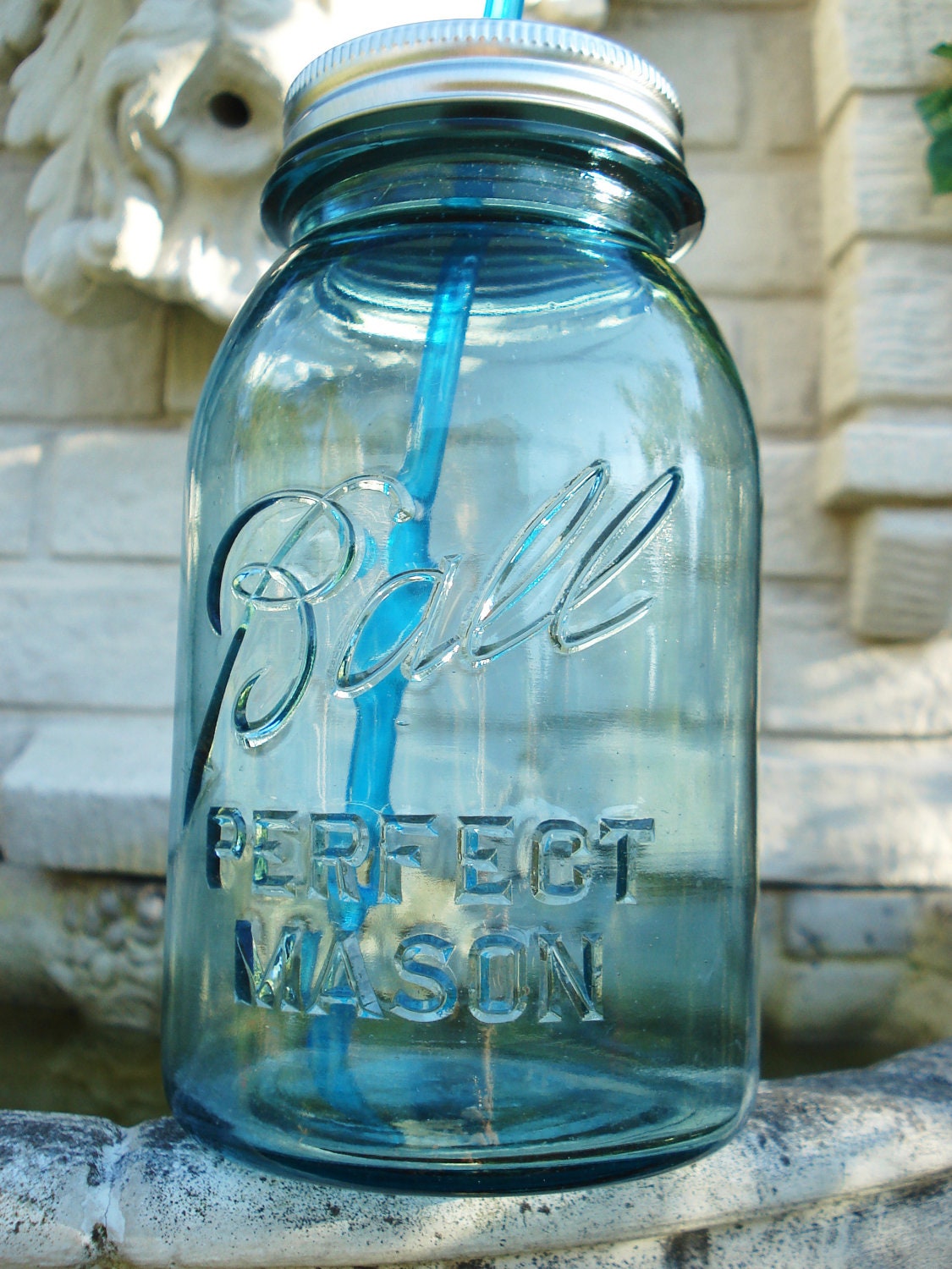 Vintage Blue Mason Jar With BPA Free Straw LARGE Blue Mason Jar Glass ...