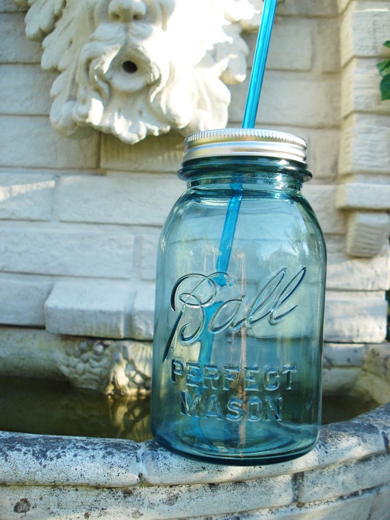 Vintage Blue Mason Jar with BPA Free Straw LARGE Blue Mason | Etsy