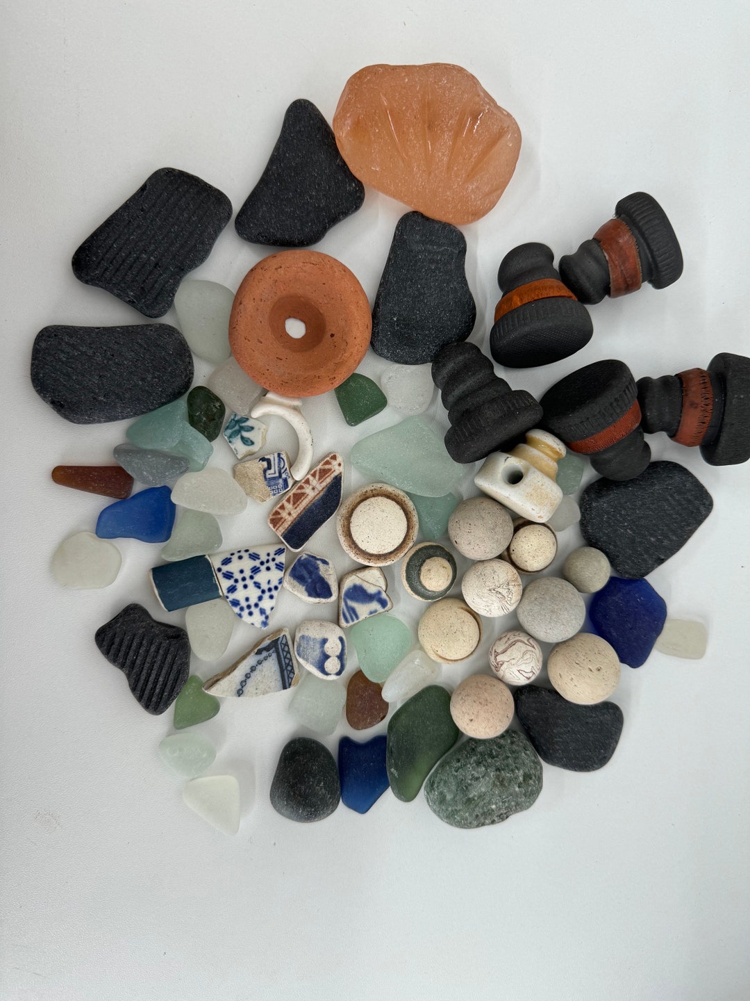 Beach Comber Bag , Seaglass, Beach Pottery, Vulcanite Stoppers, Clay ...