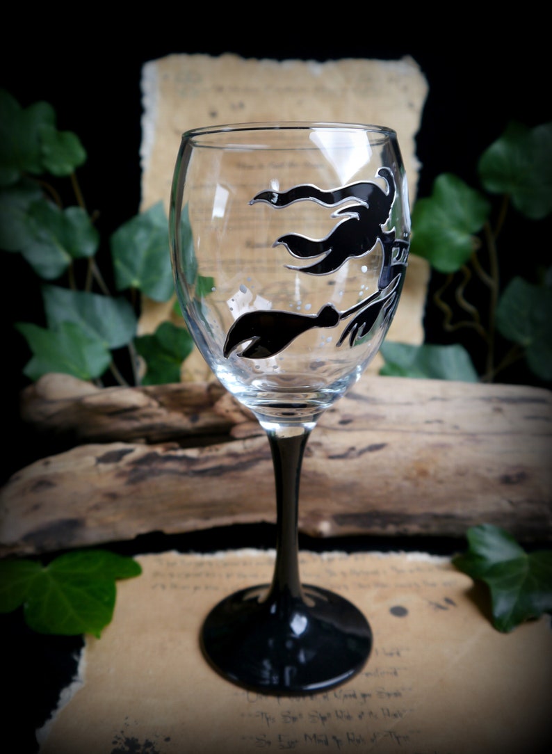 Hand Painted Flying Witch Glass Chalice Witches Goblet Wine Glass Altar ...