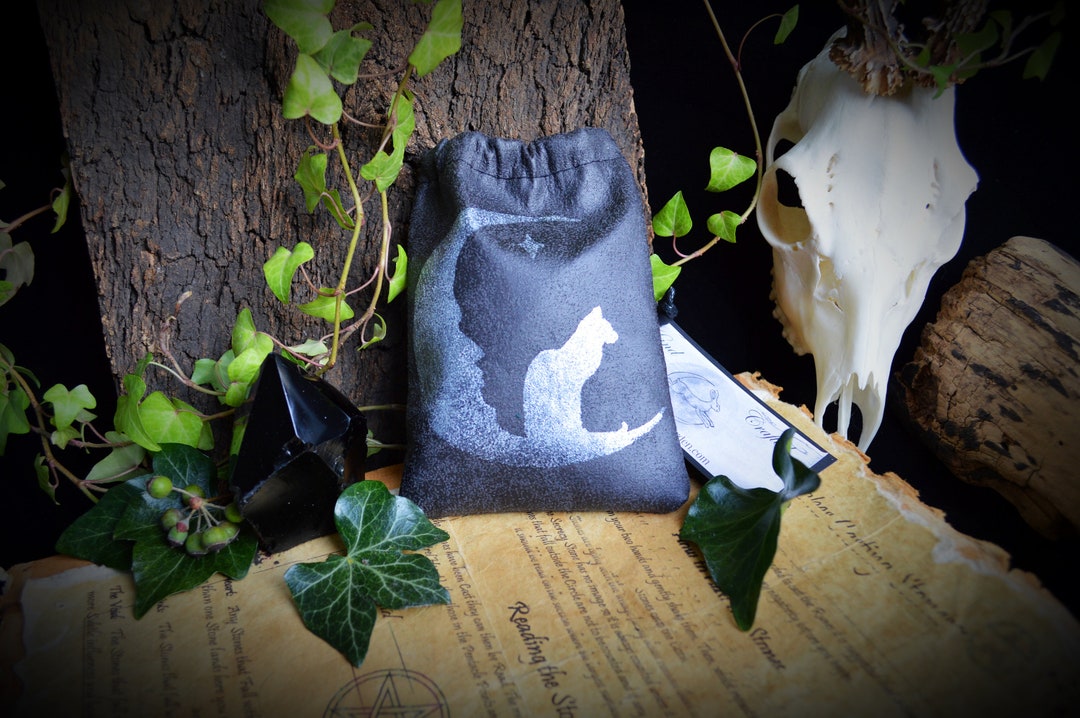 Rune Bag Crystal Storage Pouch Hand Made Faux Leather Cat and Moon ...