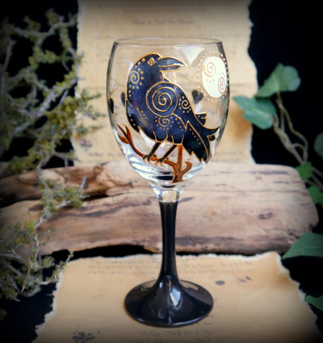 Raven and Moon Hand Painted Wine Glass Chalice Witches Goblet ...