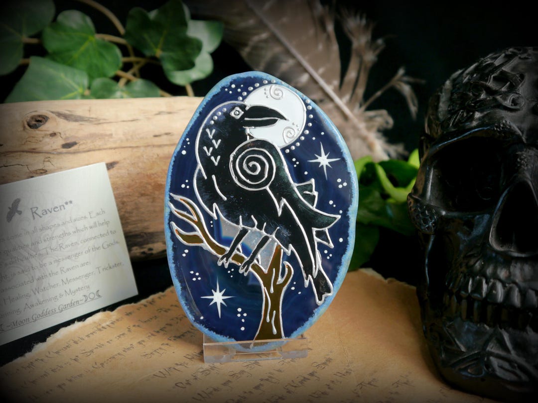 Raven and Moon Witches Agate Slice Altar Piece Hand Painted Animal ...