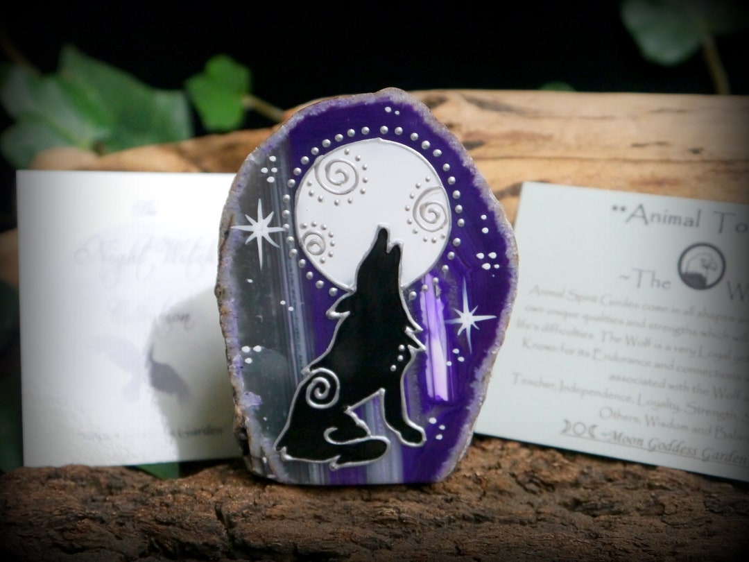 Agate Wolf and Moon Witches Altar Piece Hand Painted Agate Nodule ...