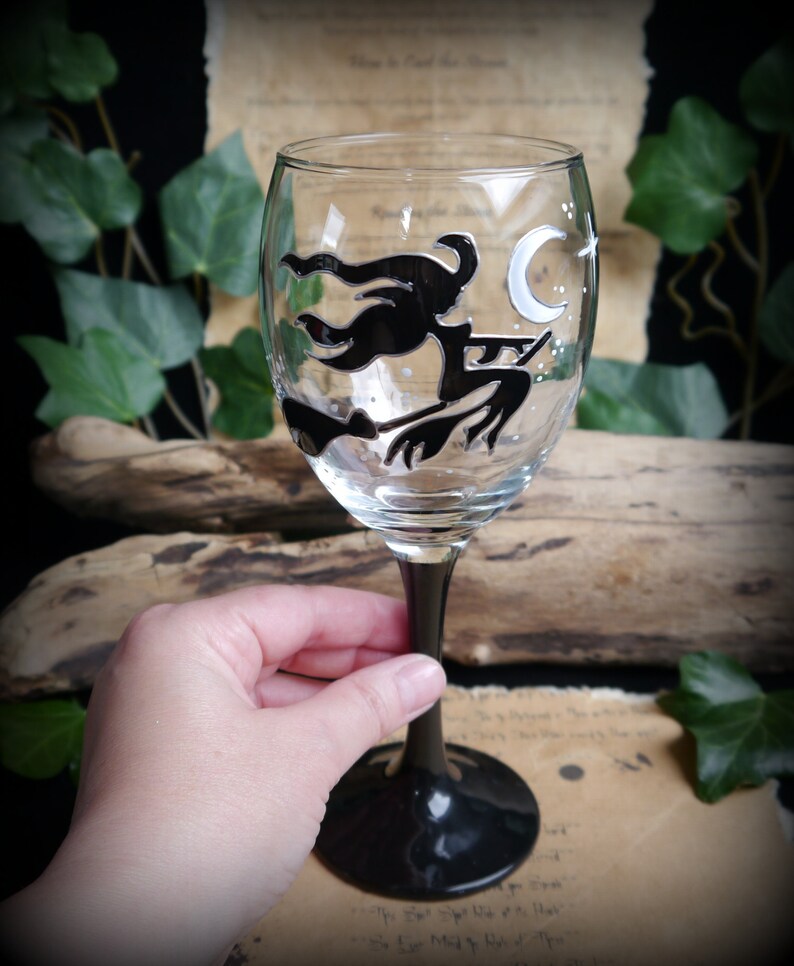 Hand Painted Flying Witch Glass Chalice Witches Goblet Wine Glass Altar ...