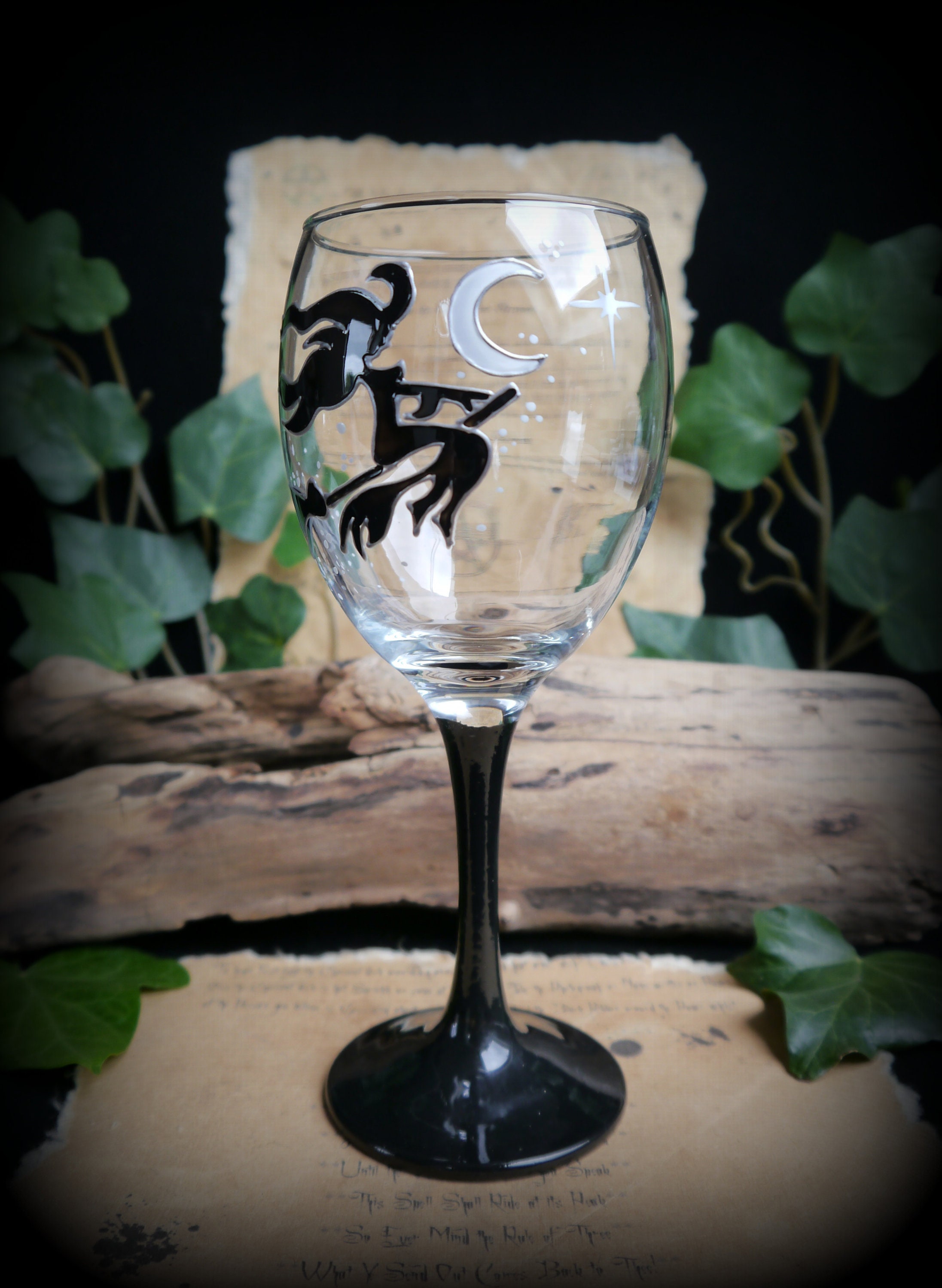 Hand Painted Flying Witch Glass Chalice Witches Goblet Wine Glass Altar ...
