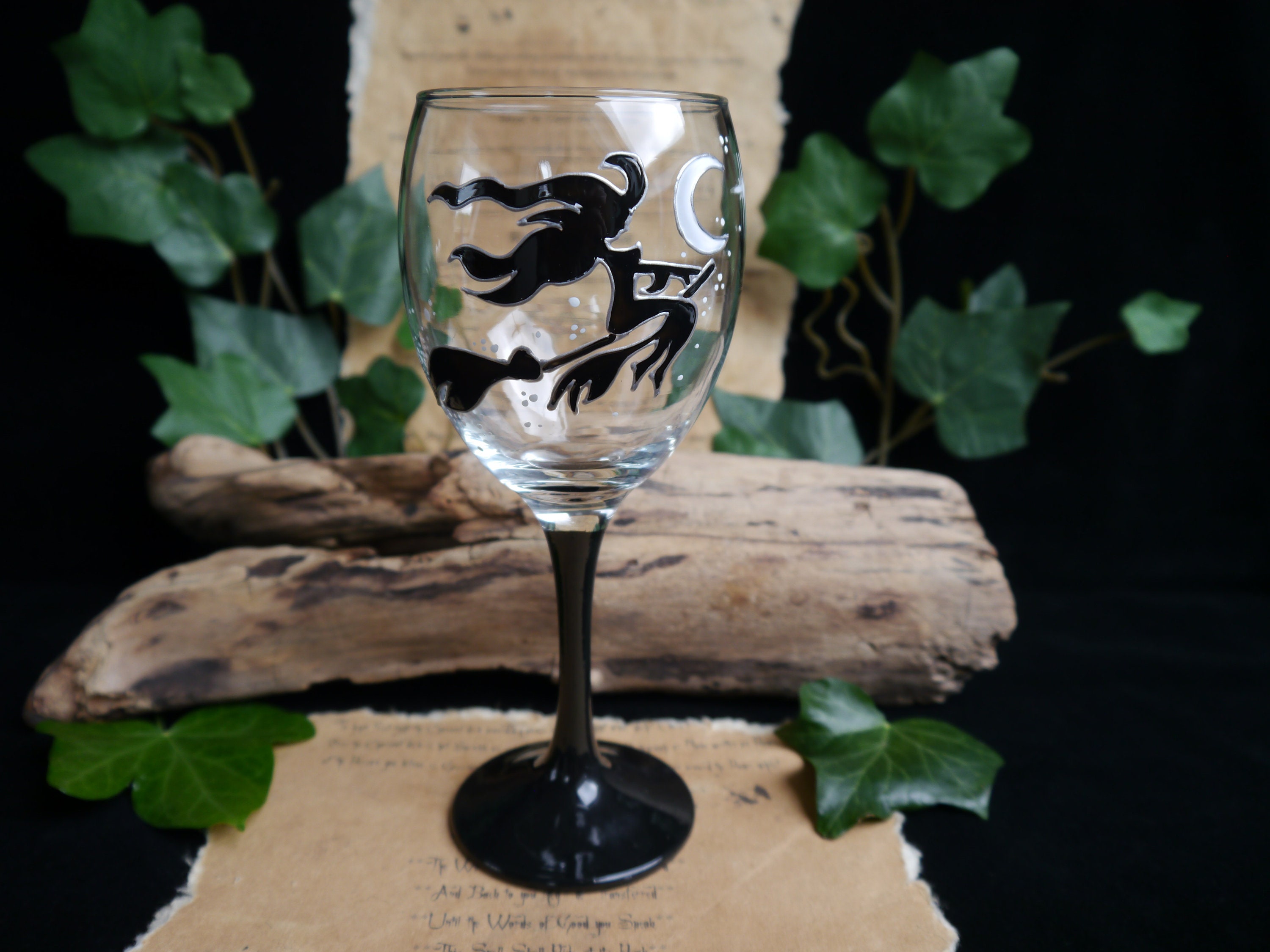 Hand Painted Flying Witch Glass Chalice Witches Goblet Wine Glass Altar ...