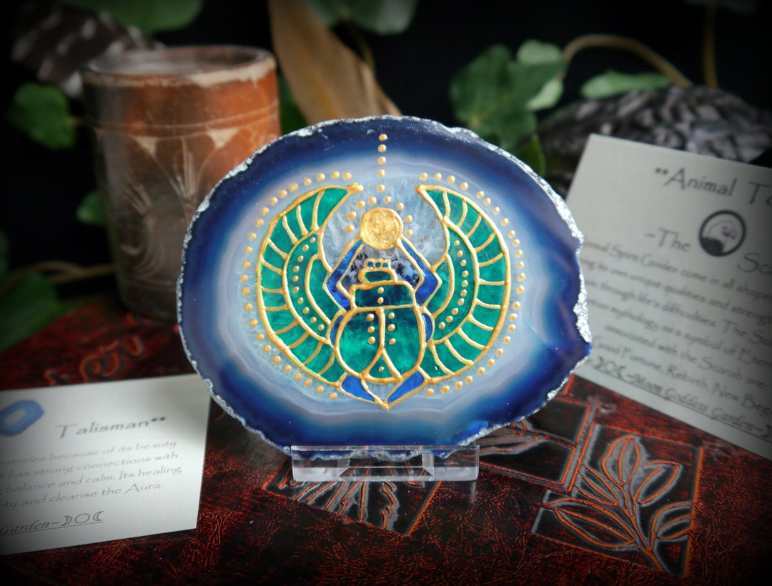 Egyptian Scarab Beetle Agate Slice Altar Piece Hand Painted Animal ...
