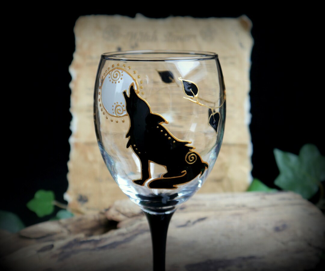 Hand Painted Howling Wolf and Moon Glass Chalice Witches Goblet Altar ...